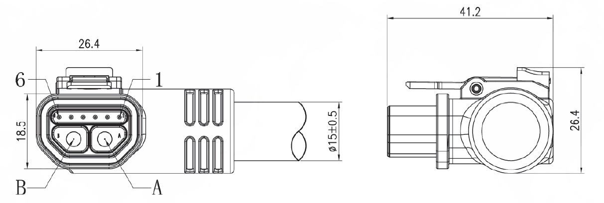 2+6Pin Hybrid Power Connector 60A 1000V DC IP67 Waterproof Right Angle Plug