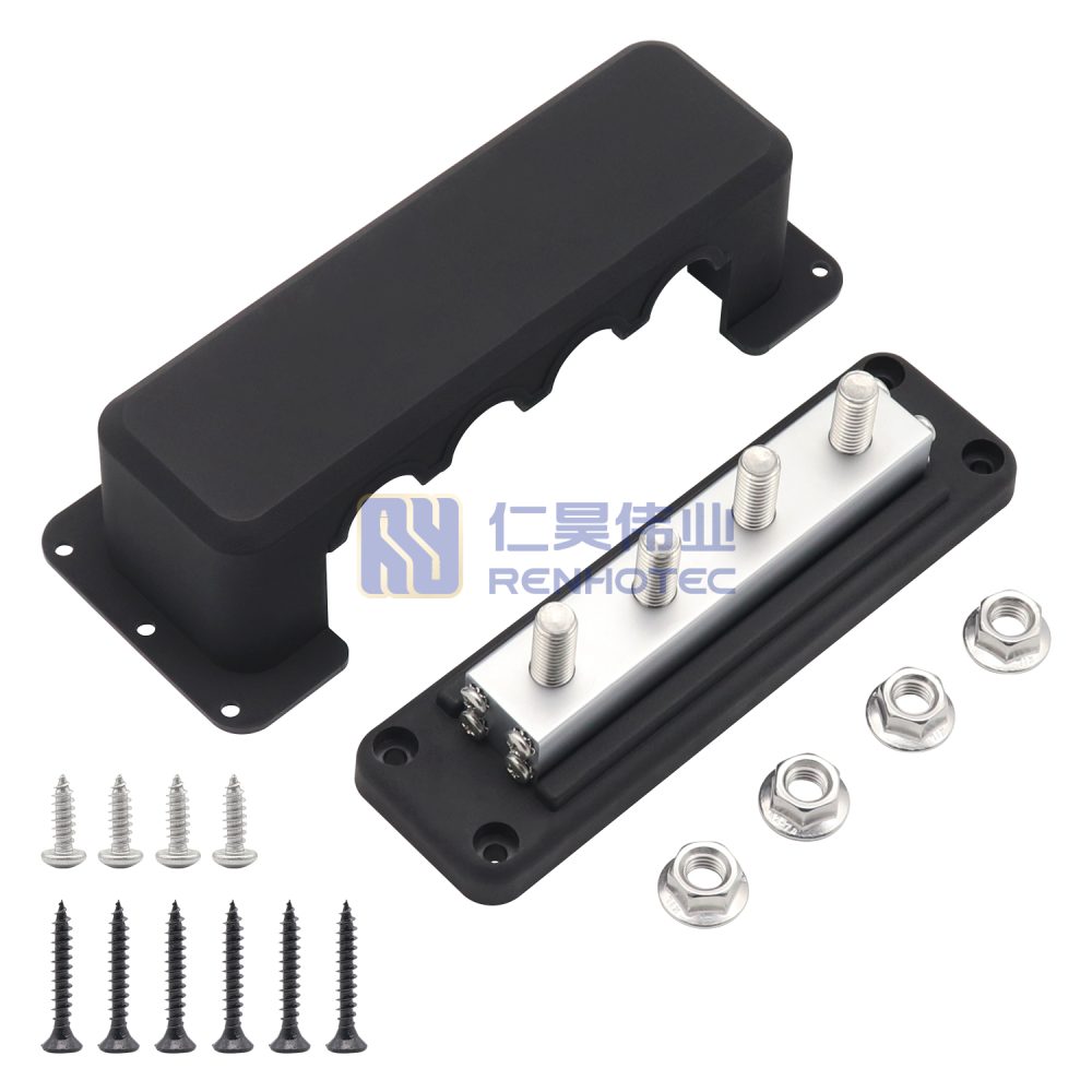 600A Black Bus Bar 4*3/8"(M10) Studs Battery Power Distribution Block for Boat Automotive Car ...
