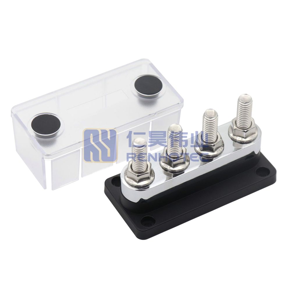 600A Black Bus Bar 4*3/8"(M10) Terminal Studs 12V-48V Power Distribution Block with Cover for ...