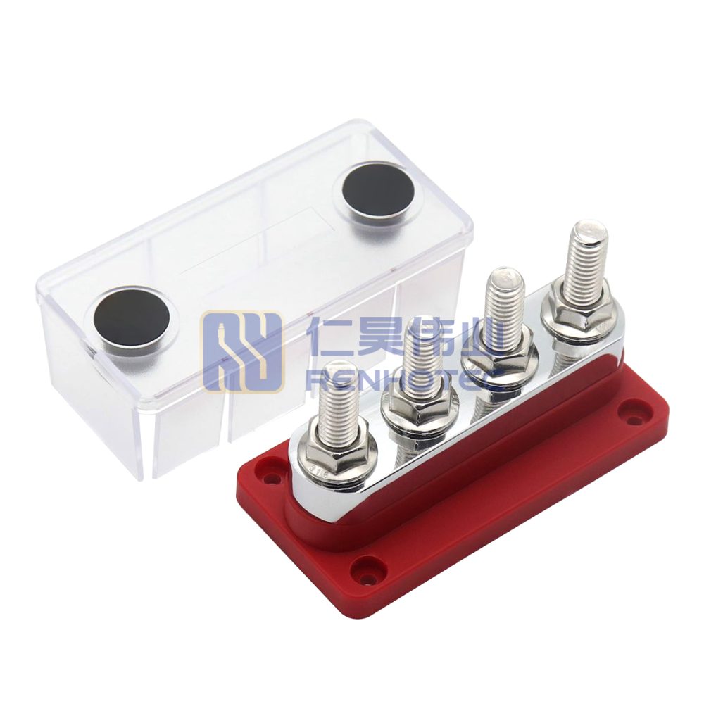 600A Red Bus Bar 4*3/8"(M10) Terminal Studs 12V-48V Power Distribution Block with Cover for Boat ...